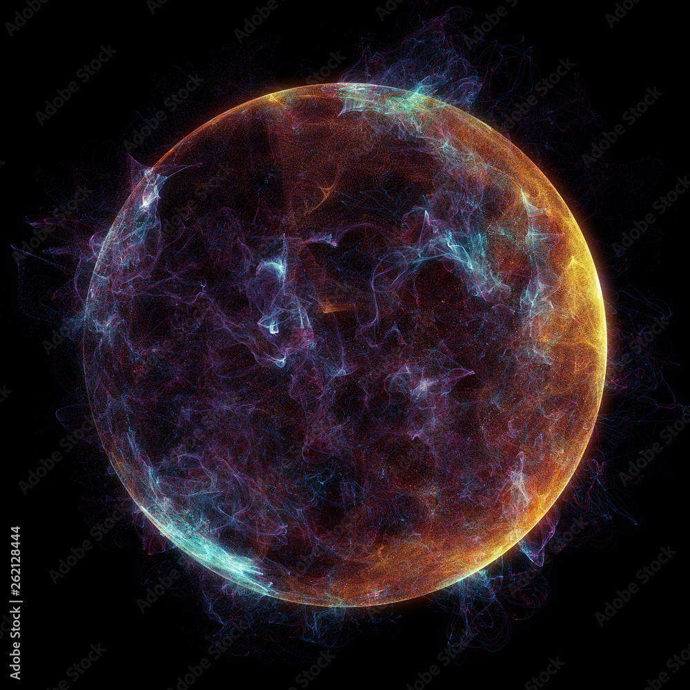 Abstract particles background with corrupted point sphere. Sun Solar ...
