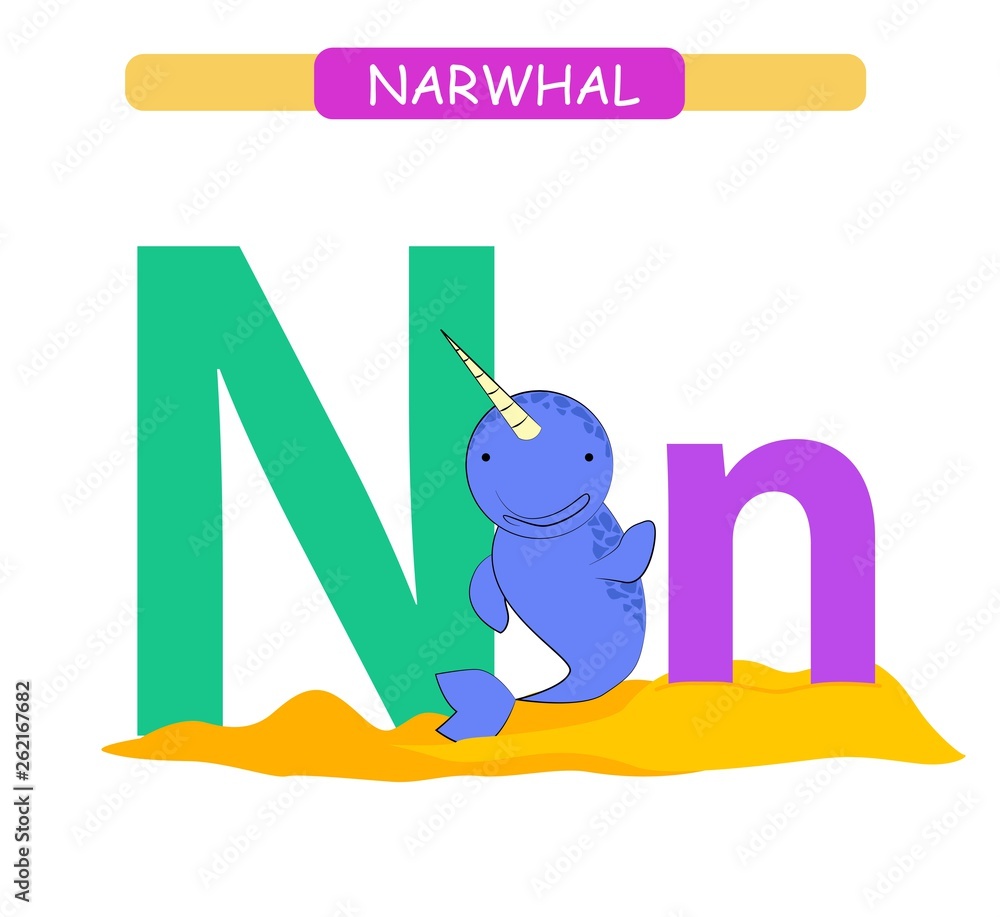 Letter N and funny cartoon narwhal. Animals alphabet a-z. Cute zoo ...