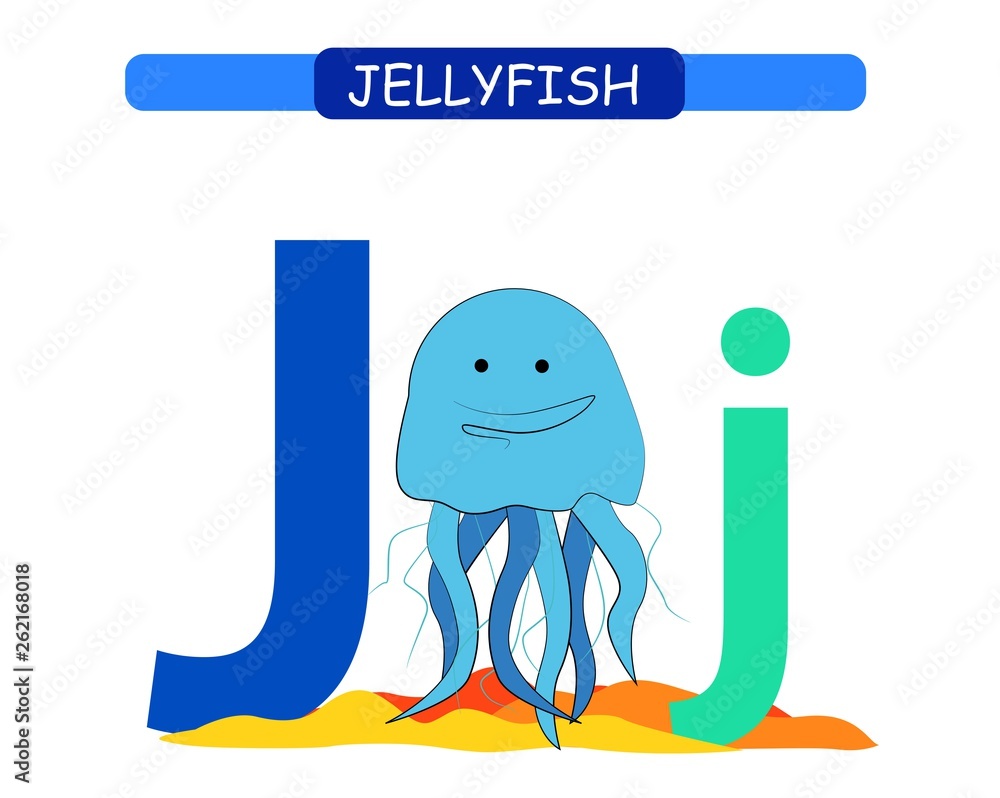 Letter J and funny cartoon jellyfish. Animals alphabet a-z. Cute zoo ...