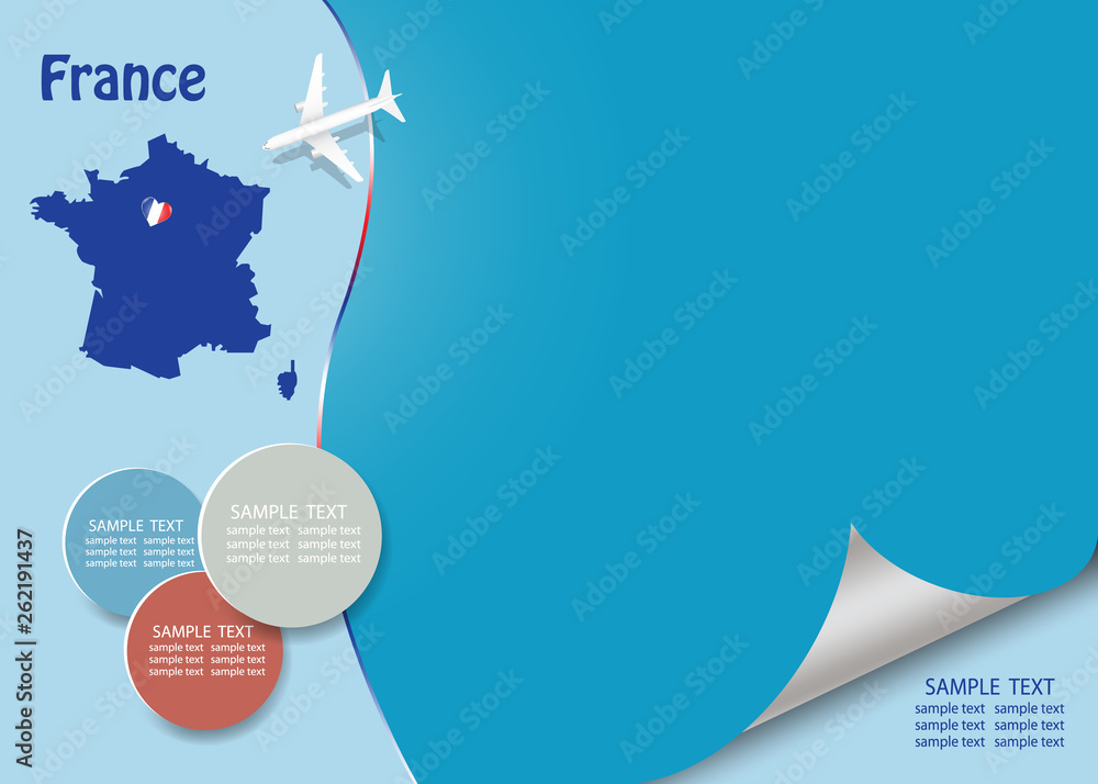 Travel France template vector showing the airplane approaching the ...