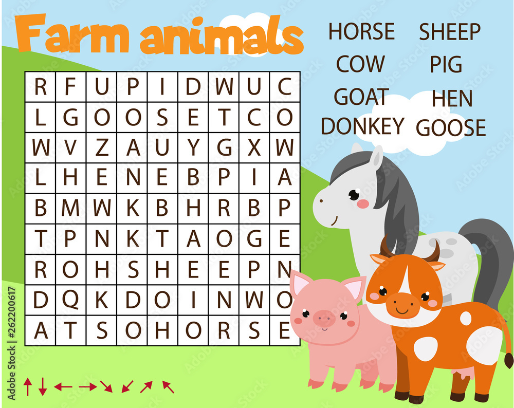 Educational game for children. Word search puzzle kids activity. Farm ...