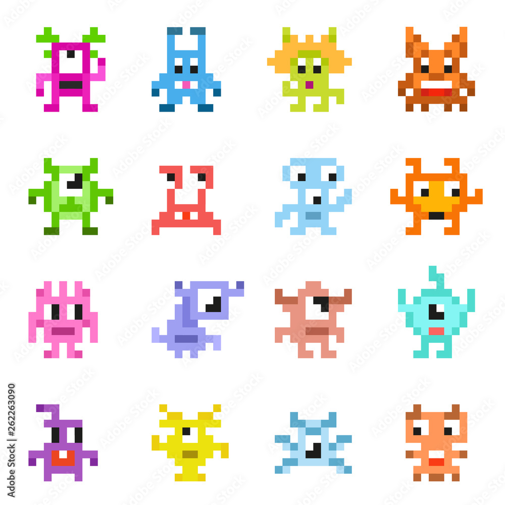 Vetor do Stock Pixel 8-bit monster set. Various square retro monsters ...