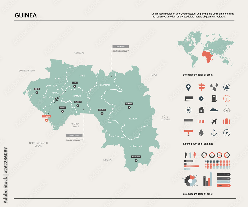 Vector map of Guinea. High detailed country map with division, cities ...