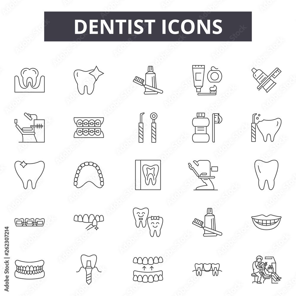 Dentist line icons, signs set, vector. Dentist outline concept ...