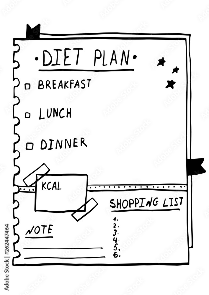 Cartoon illustration of nutrition plan. Hand drawn diet plan in doodle ...