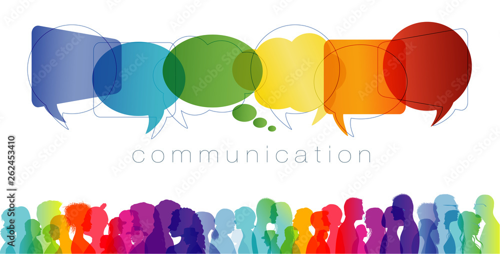 Large isolated group people in profile talking silhouette. Speech ...