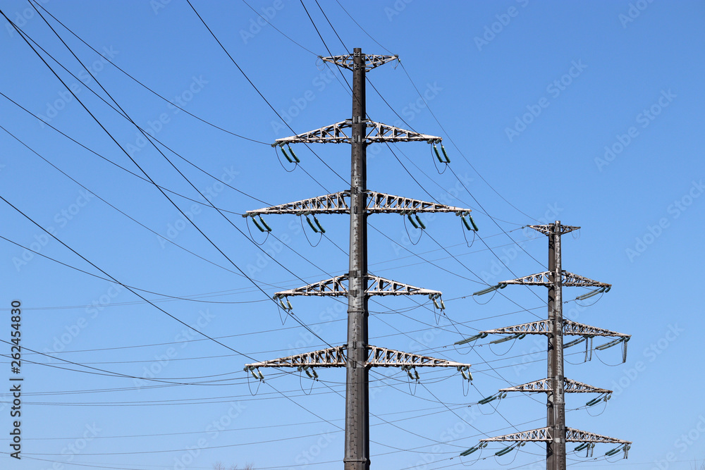 High voltage power line supports with electrical wires isolated on ...