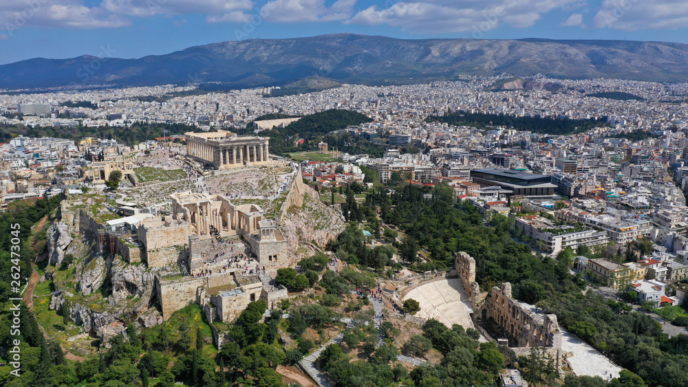 Aerial drone photo of iconic propylaia and the Parthenon in Acropolis hill, masterpiece of ...