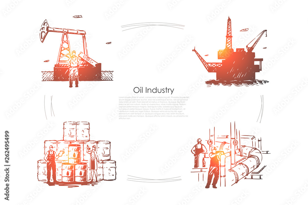 Gas production plant, workers at pipeline, industrial equipment ...