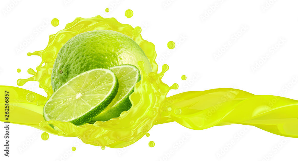 Fresh ripe lime, lime slice and juice splash wave.Tropical fruit juice ...