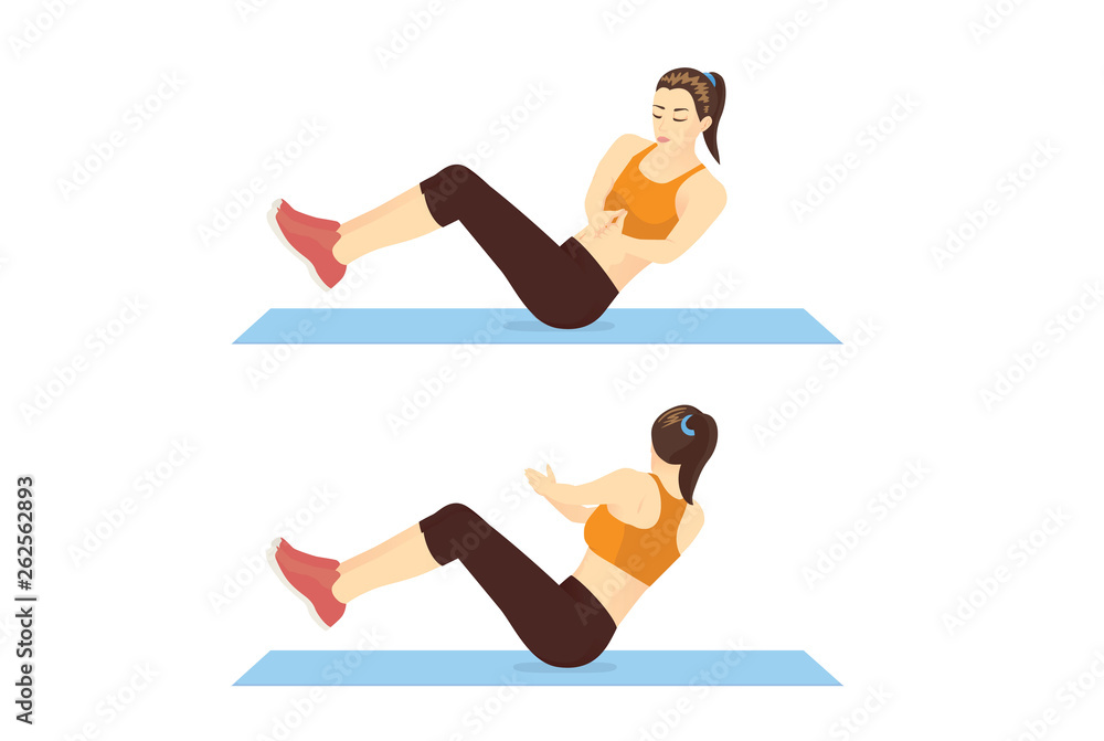 Stock-Vektorgrafik „Woman doing Russian twist exercise in 2 step guide ...