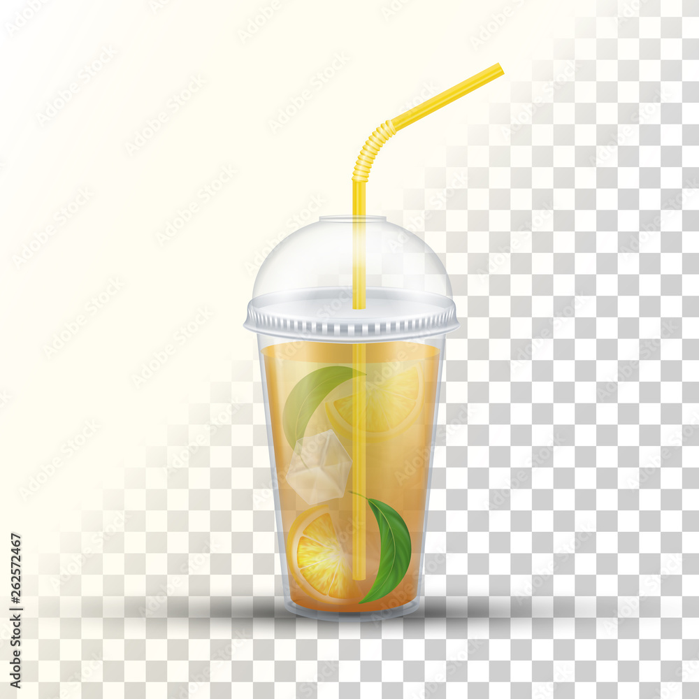 Ice Tea Plastic Takeaway Vector 3D Cup. Takeout Cup With Yellow Straw ...