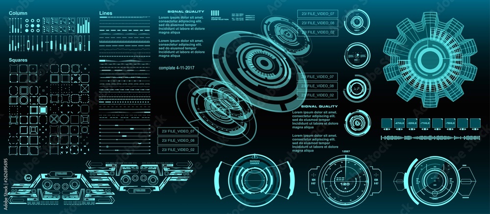 HUD elements mega set pack. Dashboard display virtual reality technology screen. Futuristic user ...