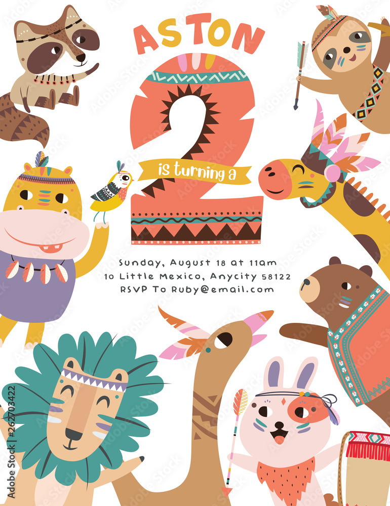 Happy birthday party invitation card with cartoon tribal animals ...
