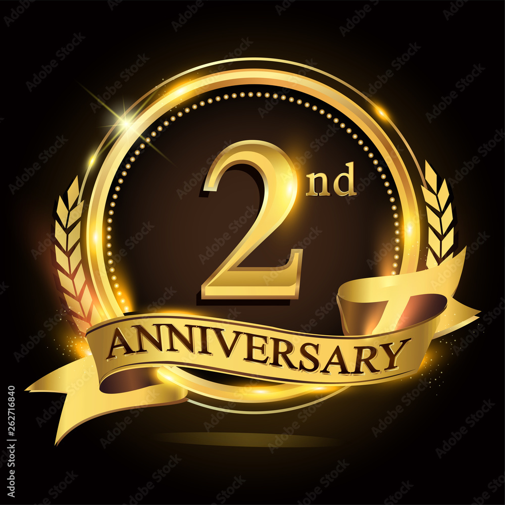 2nd golden anniversary logo with ring and ribbon, laurel wreath vector ...