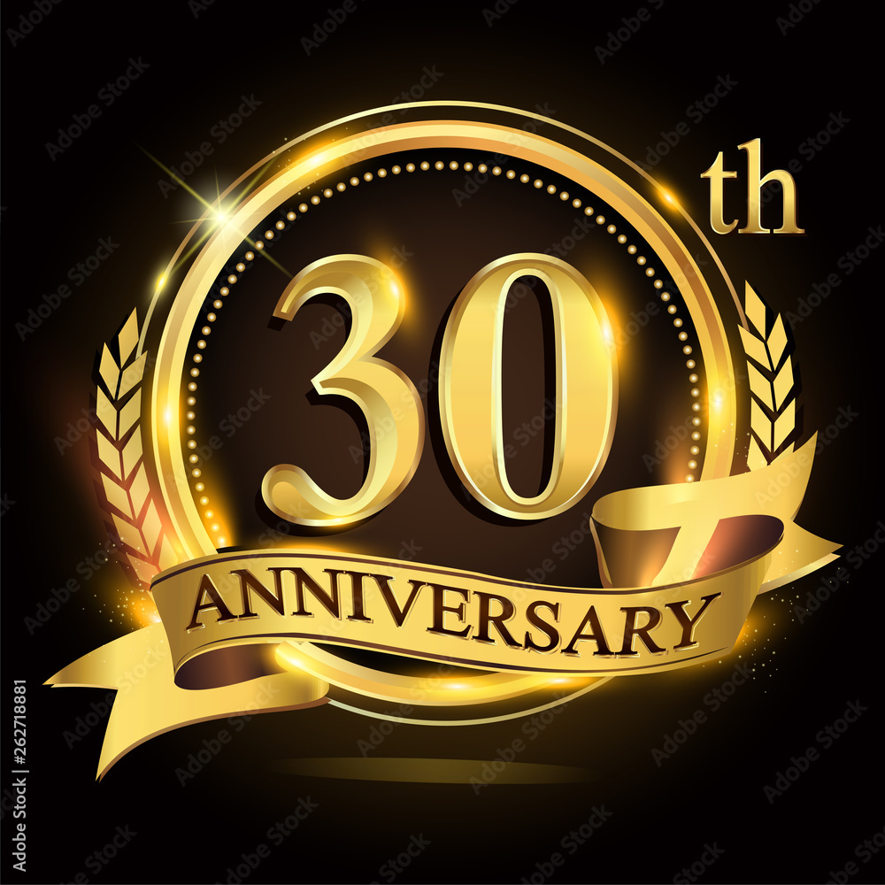 30th golden anniversary logo with ring and ribbon, laurel wreath vector ...