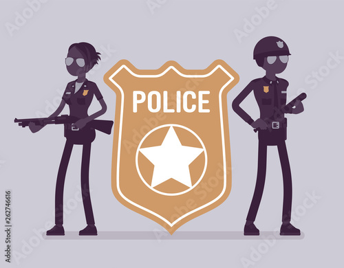 Police officer emblem and policemen. Male, female officers standing ...