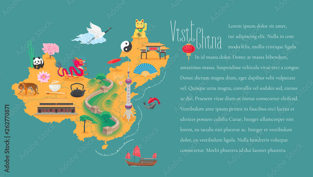 Map of China horizontal article layout vector illustration. Icons with ...