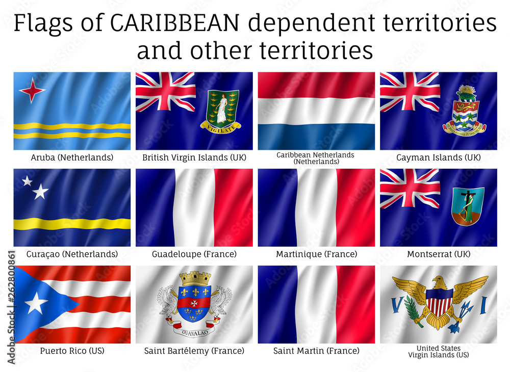 Curved flags of Caribbean dependent territories. Officially recognized ...