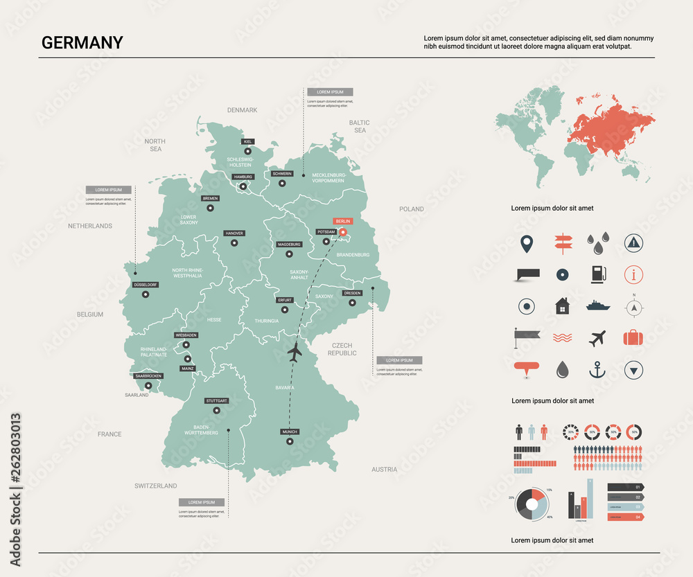Vector map of Germany. High detailed country map with division, cities ...