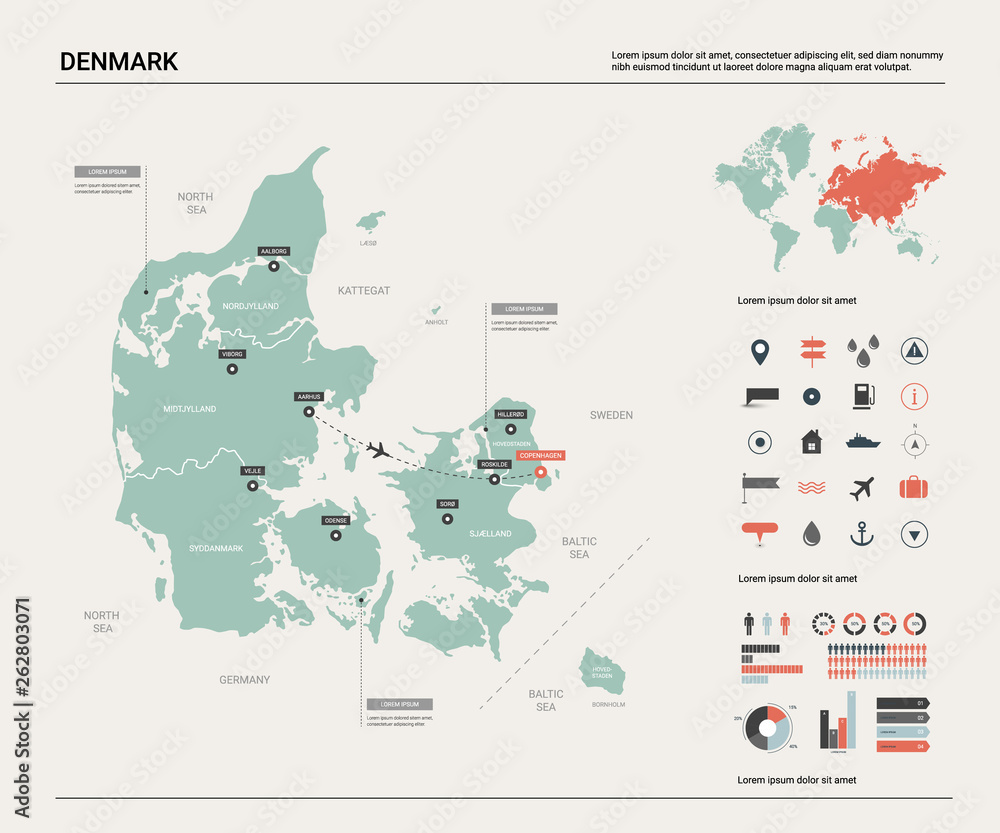 Vector map of Denmark. High detailed country map with division, cities and capital Copenhagen ...