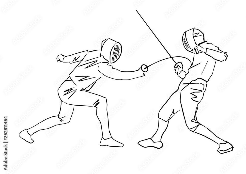 Fencer attacks the opponent. Contour drawing. Two fencing athletes at ...