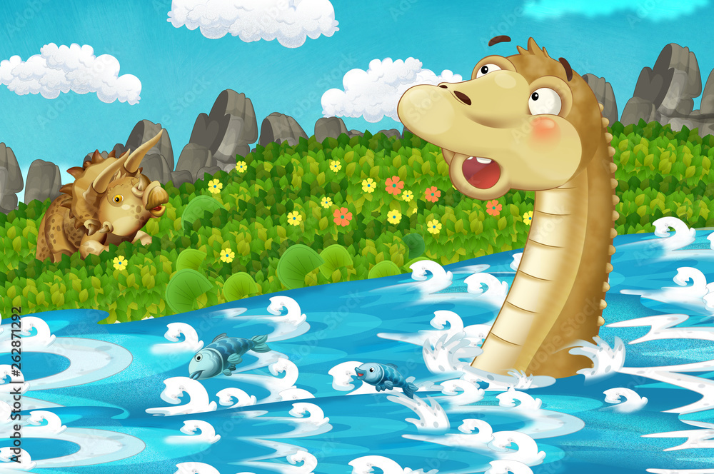 cartoon scene with dinosaur diplodocus apatosaurus swimming in the ...