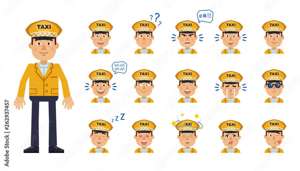 Big set of taxi driver emoticons. Cabdriver avatars showing different ...