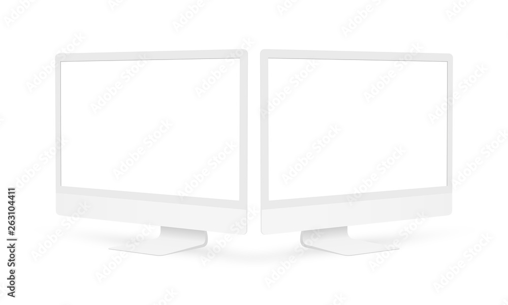 PC screen mockup with perspective view. Clay computer monitors with blank screens isolated on ...