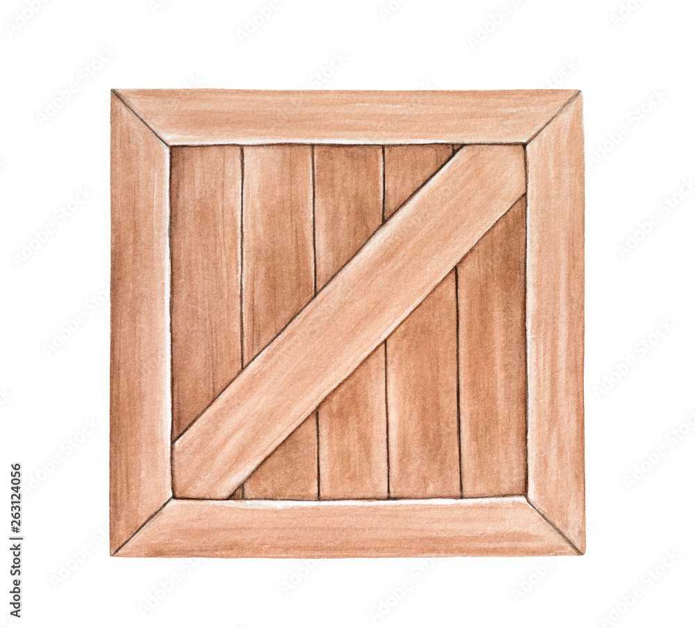 Watercolour drawing of blank wooden crate. Square shape, diagonal plank. One single object ...