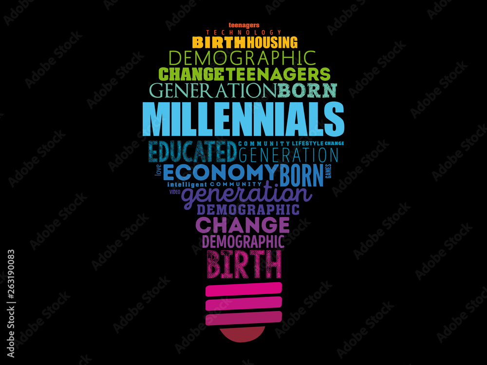 Millennials light bulb word cloud, education concept background Stock ...