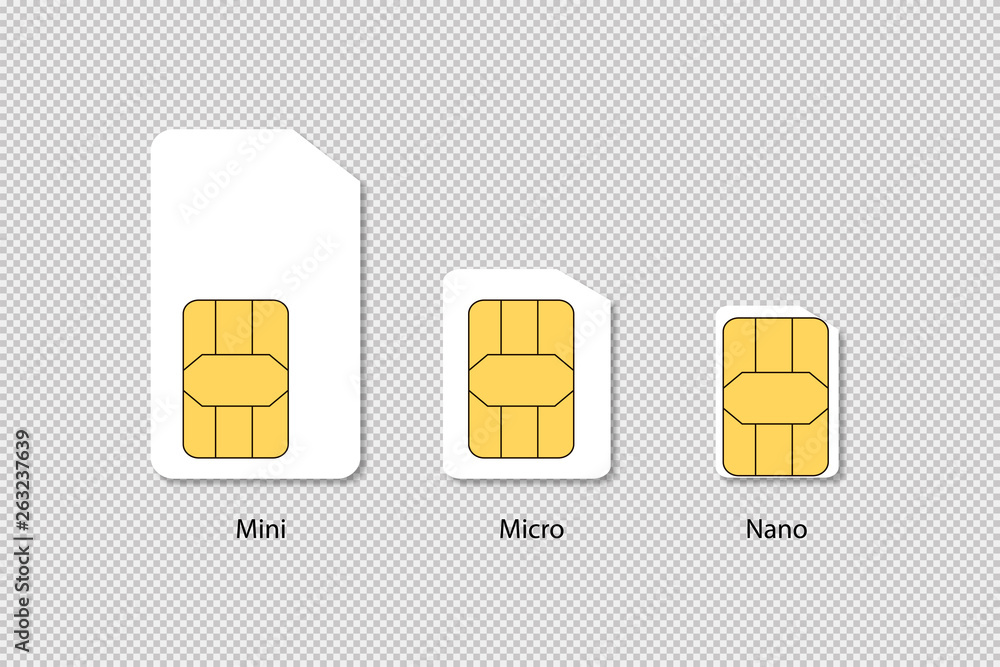 Sim cards isolated. Mini micro nano technology. Phone chip with shadow ...