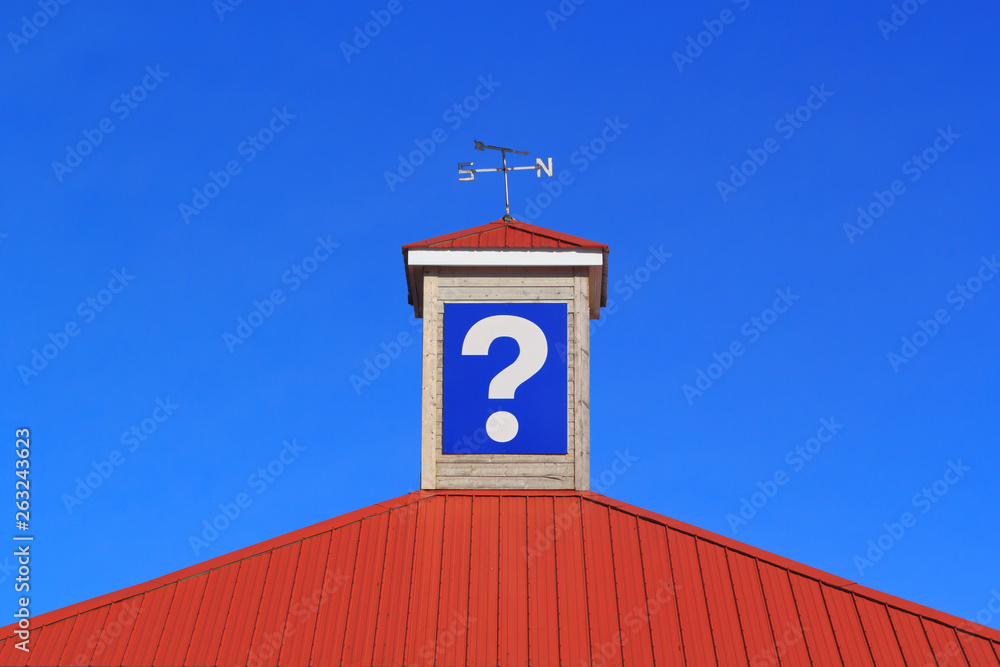 Question mark sign on tourist information center roof peak. Stock Photo ...
