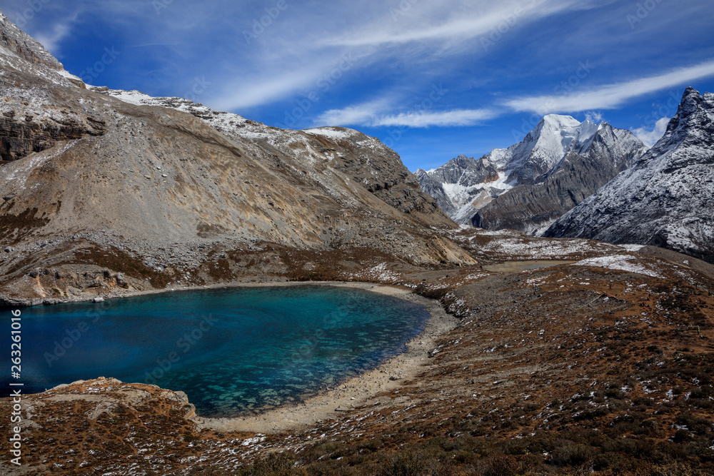 Five Color Lake at the base of Chenrezig, holy snow mountain in ...