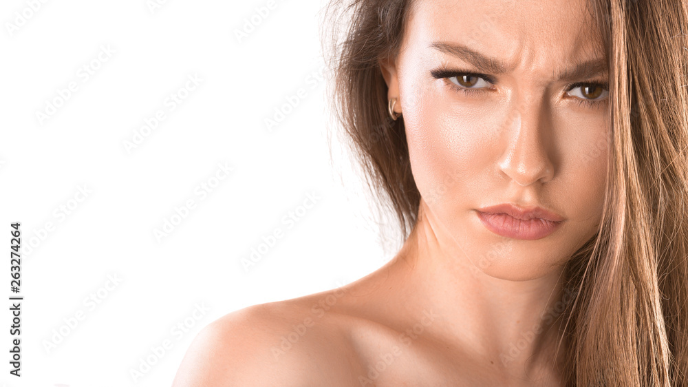 Close up portrait of a woman with an angry face. Looking mad and crazy ...