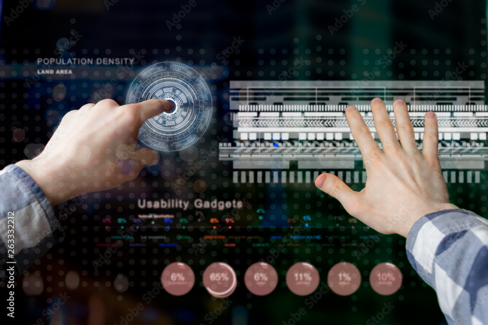 first person view of person use modern 3d interface hud science Stock ...