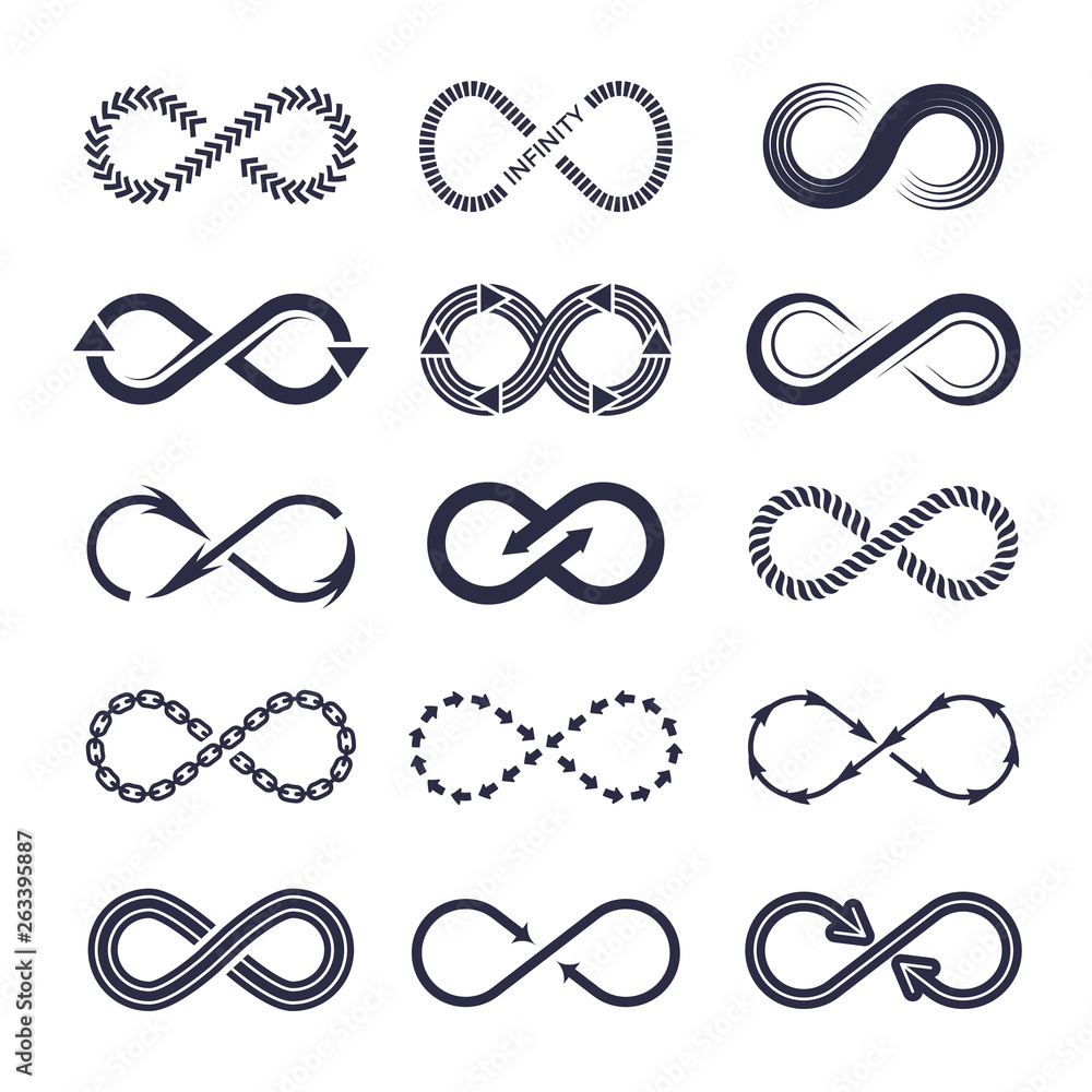 Eternity symbols. Vector monochrome icon collection of infinity ...
