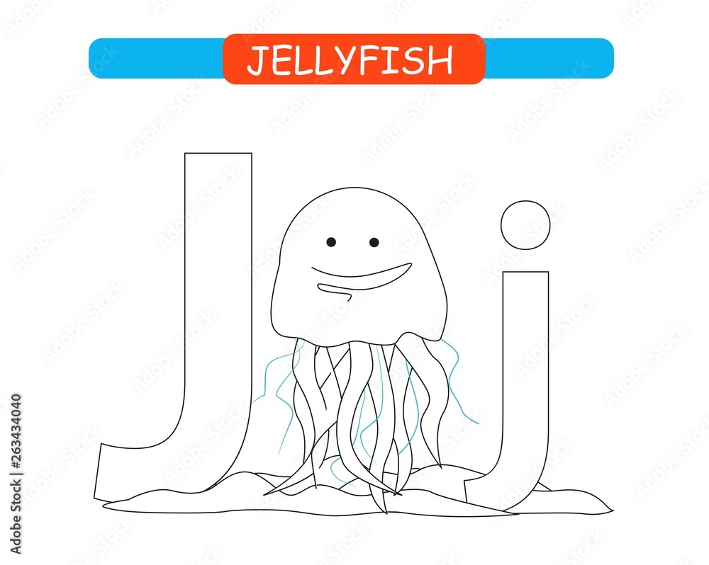 Letter J and funny cartoon jellyfish. Coloring page.Animals alphabet a ...