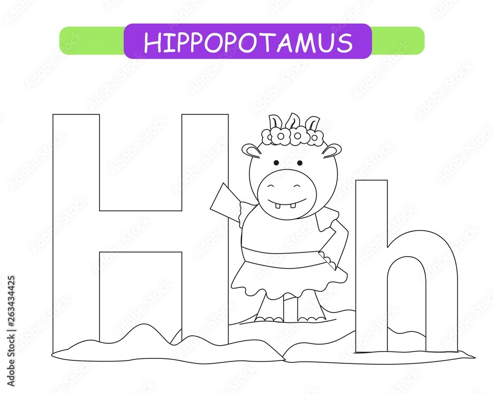 Letter H and funny cartoon hippopotamus. Coloring page. Animals ...