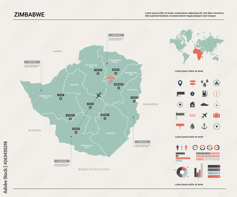 Vector map of Zimbabwe. High detailed country map with division, cities ...