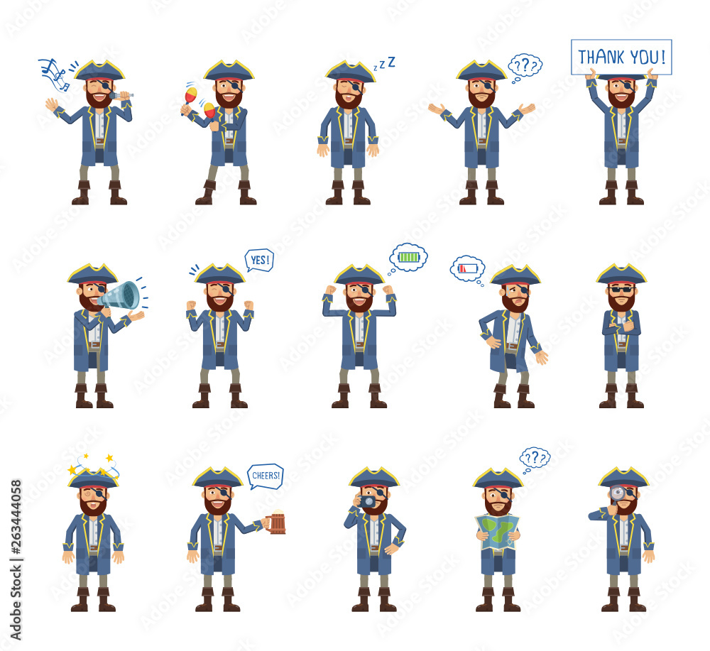 Set of pirate captain characters showing different actions. Cheerful ...