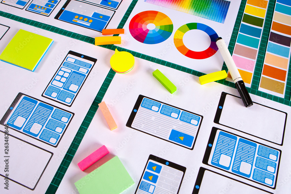 Ux ui design. Graphic designer is developing a web page layout ...