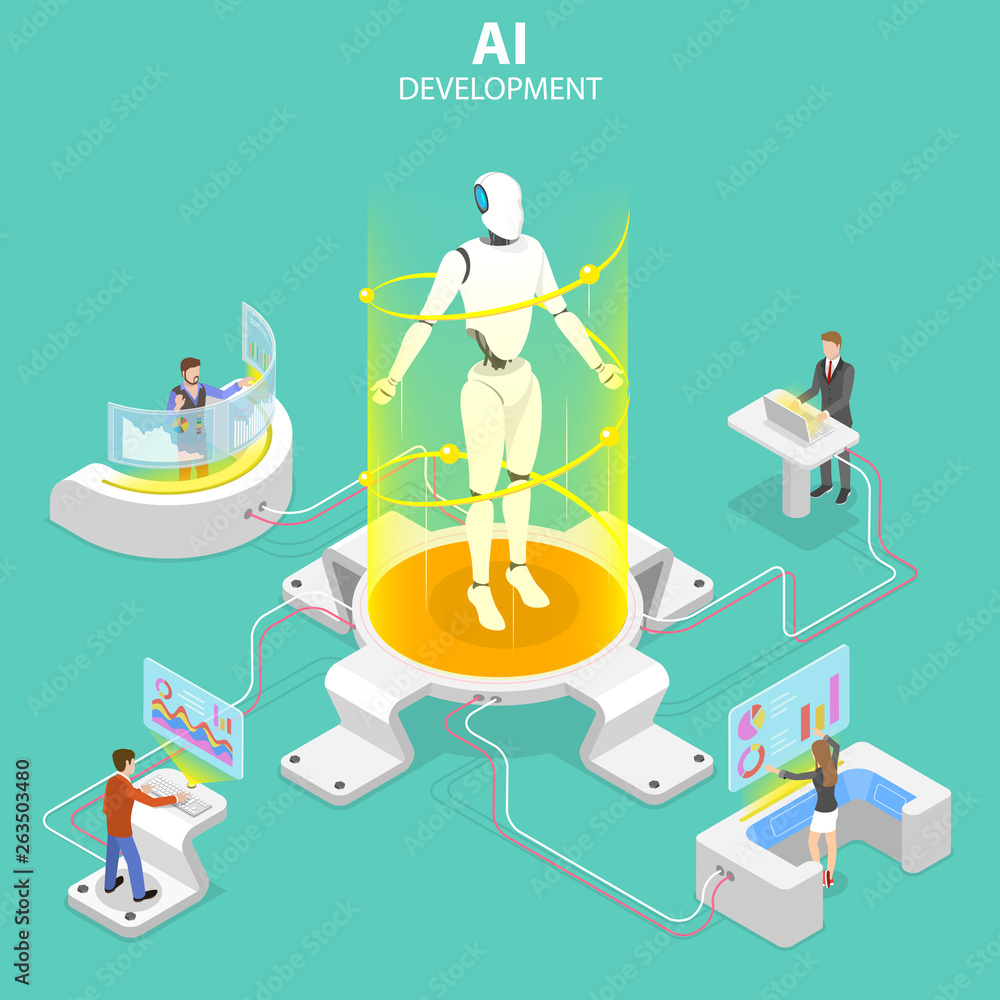 Flat isometric vector concept of AI development, robot and human ...