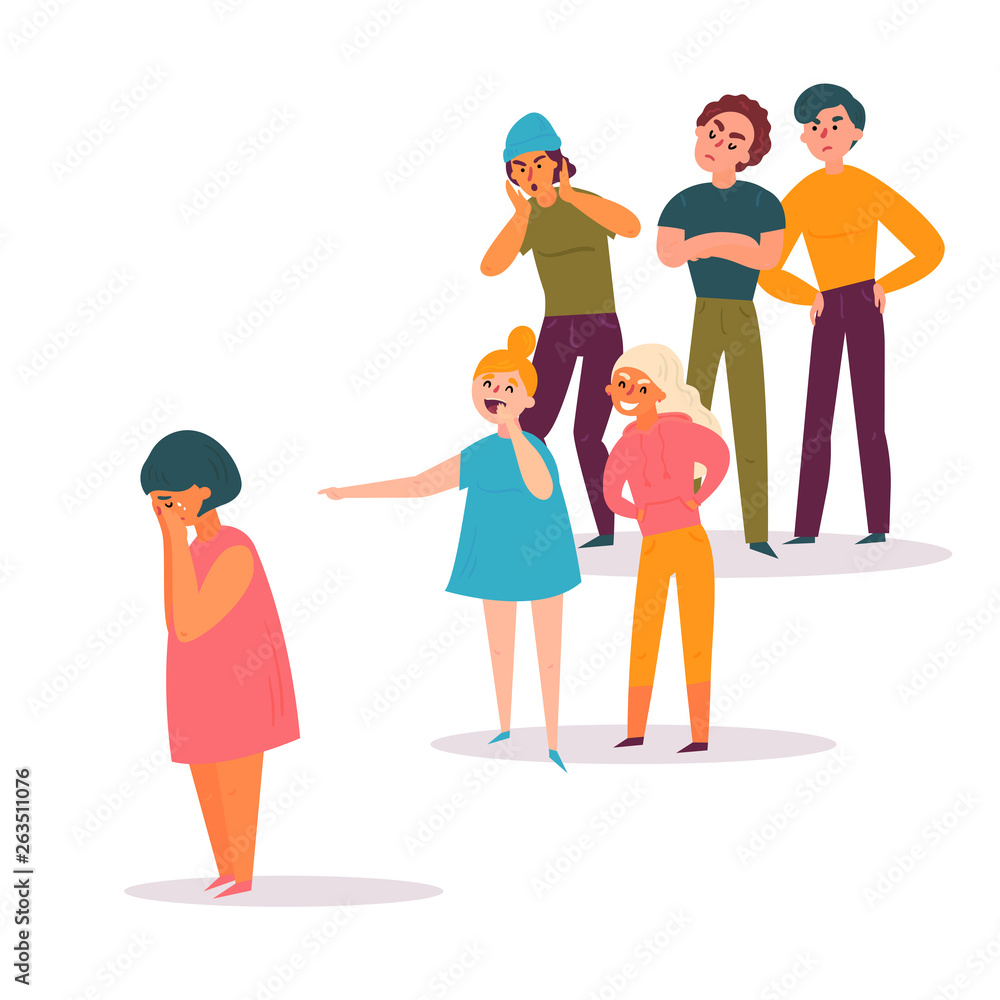 Sad teenage boy sitting on floor surrounded by classmates mocking him ...