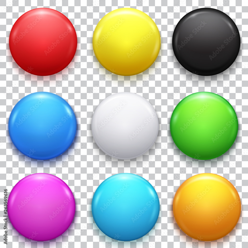 Realistic 3d Empty Color Blank Circle Button Badge Pin Set Front Side ...