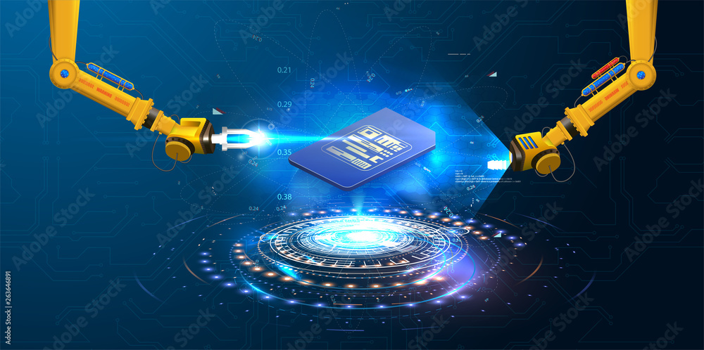 Industry production SIM cards. The robot creates a new eSIM card ...