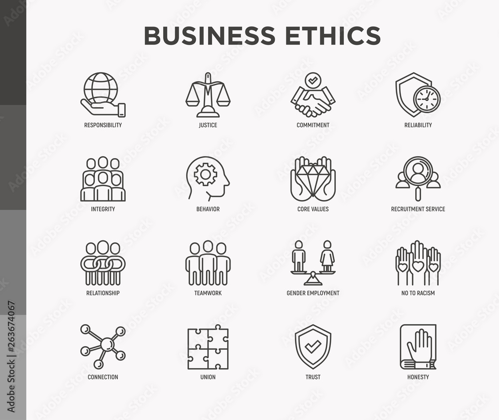 Business ethics thin line icons set: connection, union, trust, honesty ...