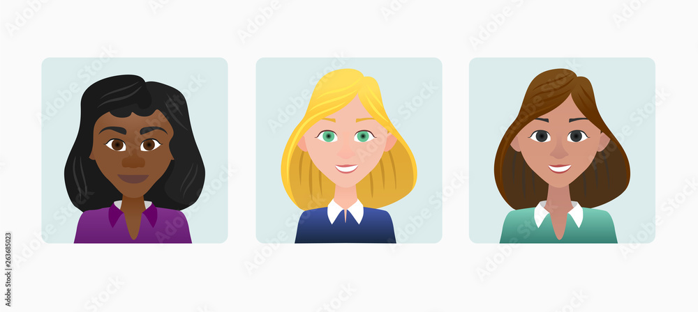 Characters avatars woman female profile in flat cartoon style color ...