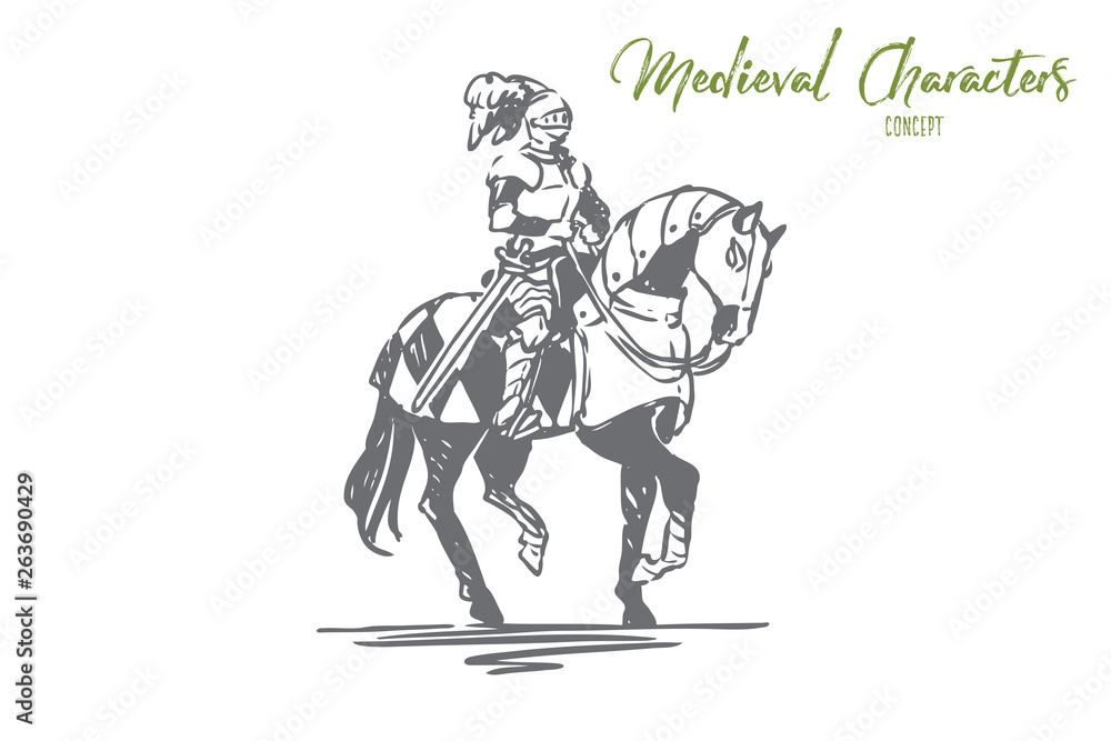 Knight, horse, medieval, character, armor concept. Hand drawn isolated ...