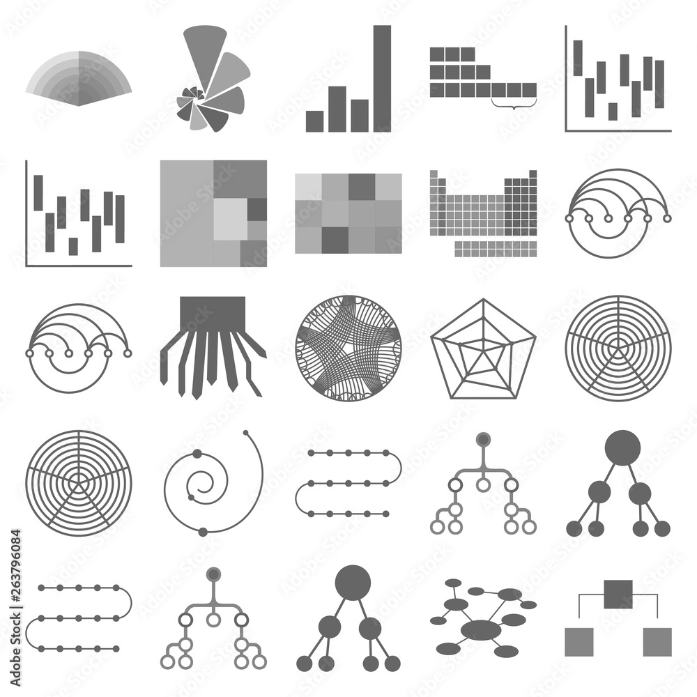 The charts set of icons - Puzzle, spiral chart, bar chart, decision ...